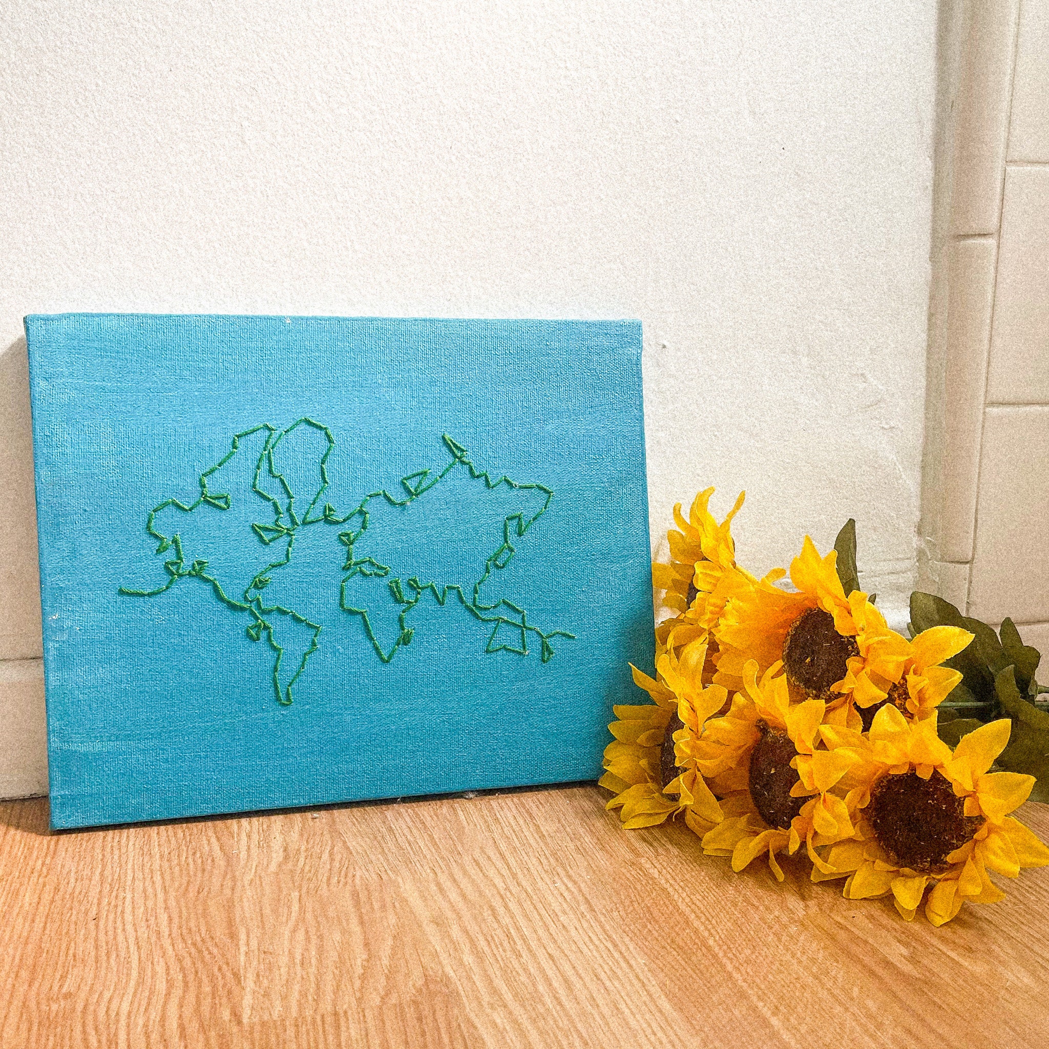 World Map Embroidered Canvas | Travel Earth Continents Countries Global ...