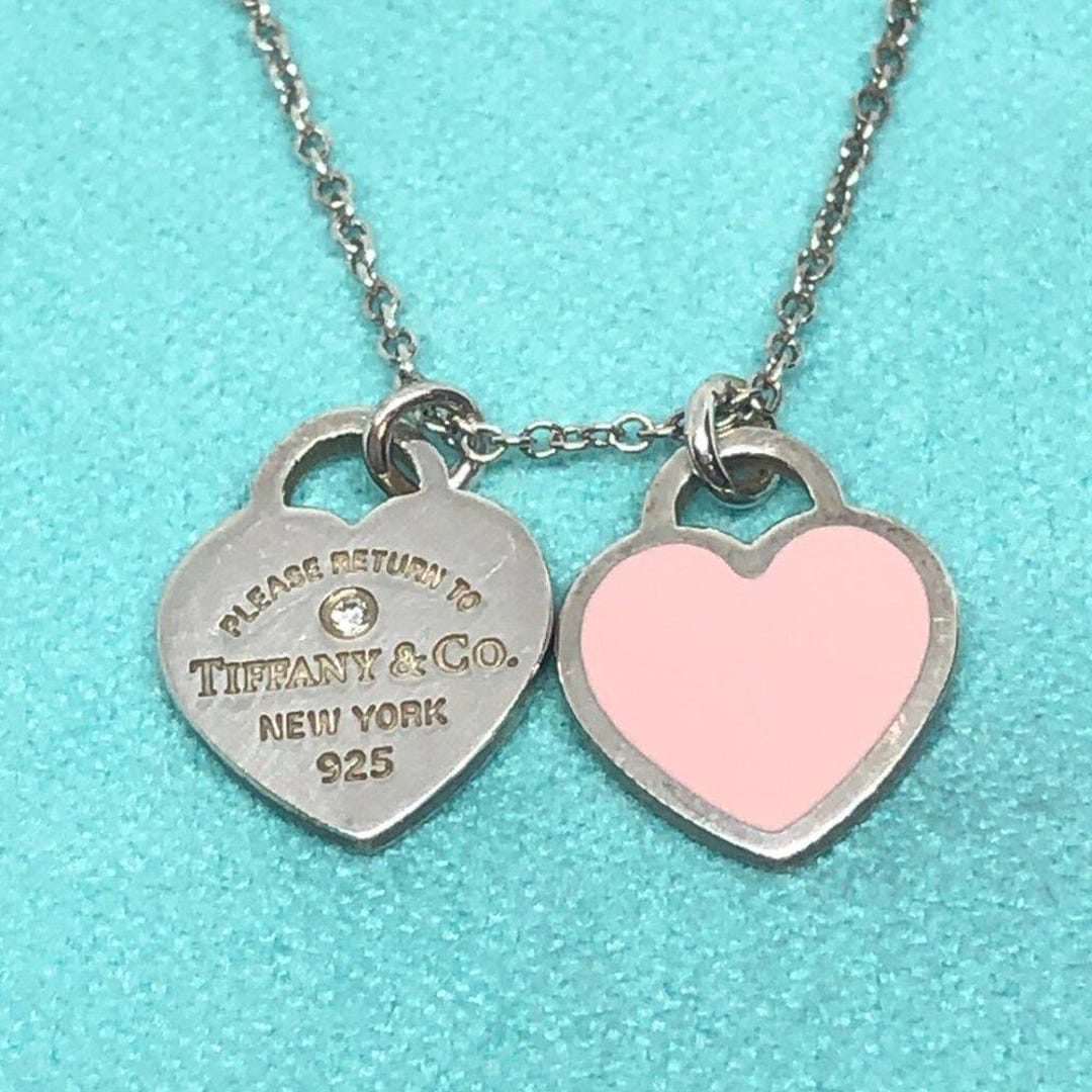 Tiffany & Co. RTT Return Double Mini Heart Pink Enamel Diamond Necklace ...