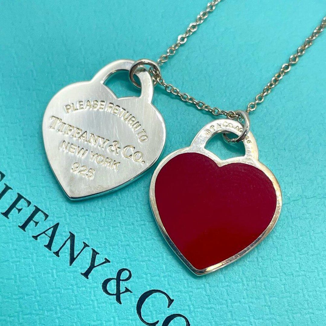 Tiffany & Co. Return to RTT Double Heart Red Enamel Pendant Necklace 18 ...