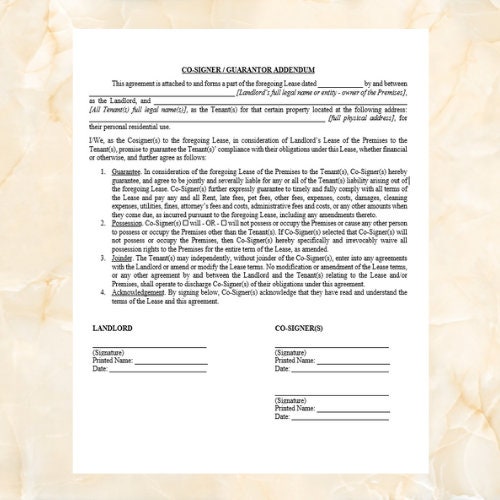 Co-signer Guarantor Addendum to Residential Lease Tenant, Landlord Guarantee Agreement Fillable ...