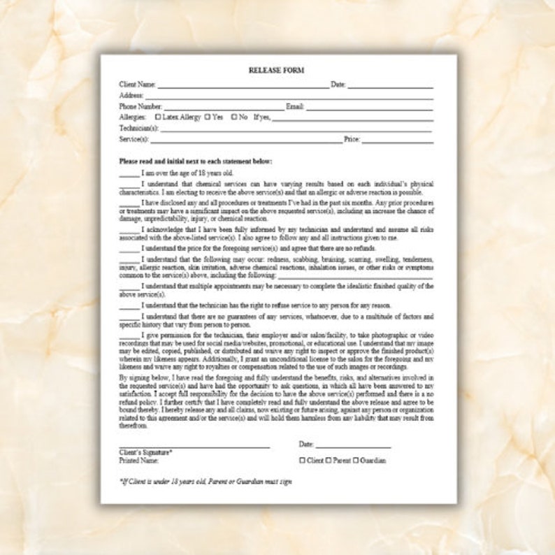Release Form beauty, Salon, Esthetician, Nails, Hair, Stylist ...