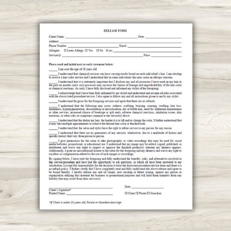 Release Form salon, Hair, Stylist Disclosure, Liability, Waiver ... Release Form salon, Hair, Stylist Disclosure, Liability, Waiver ...