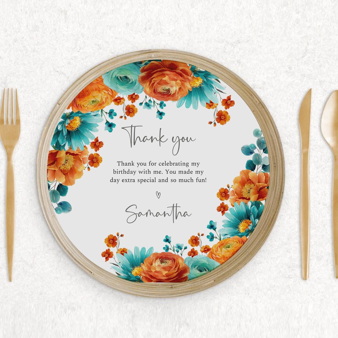 Teal and Burnt Orange Charger Plate Insert, Birthday Floral Charger ...
