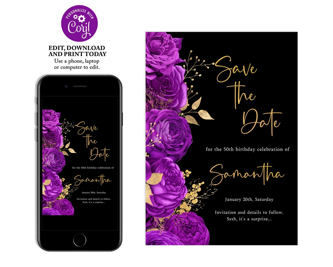 Save the Date Purple and Gold Floral Template, Save the Date for ...