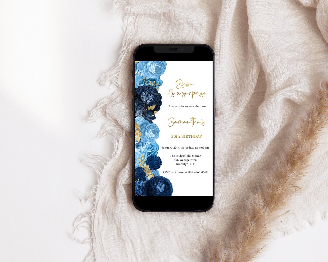 Blue and Gold Floral Text Message Invitation, Birthday Party Evite ...