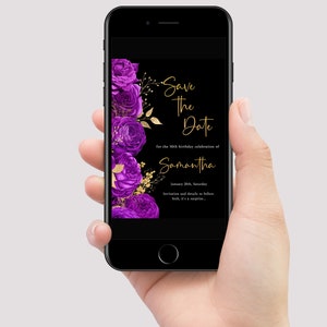 Save the Date Purple and Gold Floral Template, Save the Date for ...