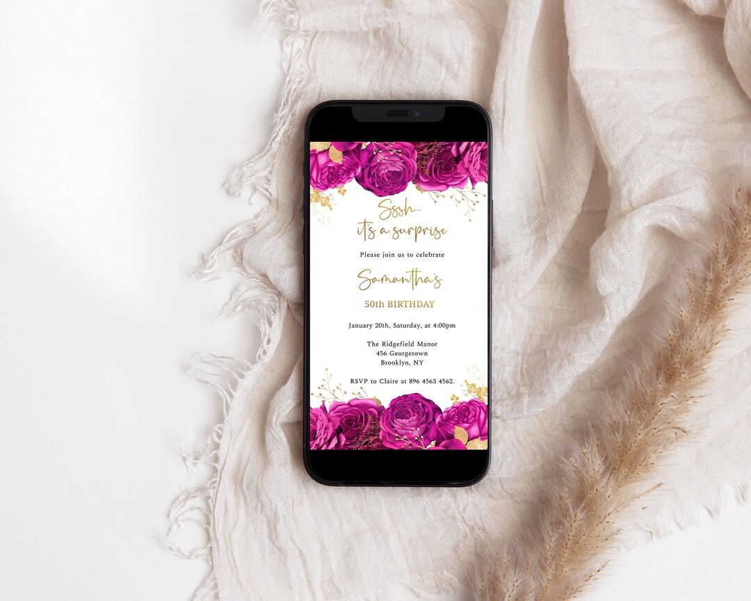 Hot Pink and Gold Floral Text Message Invitation, Surprise Birthday ...