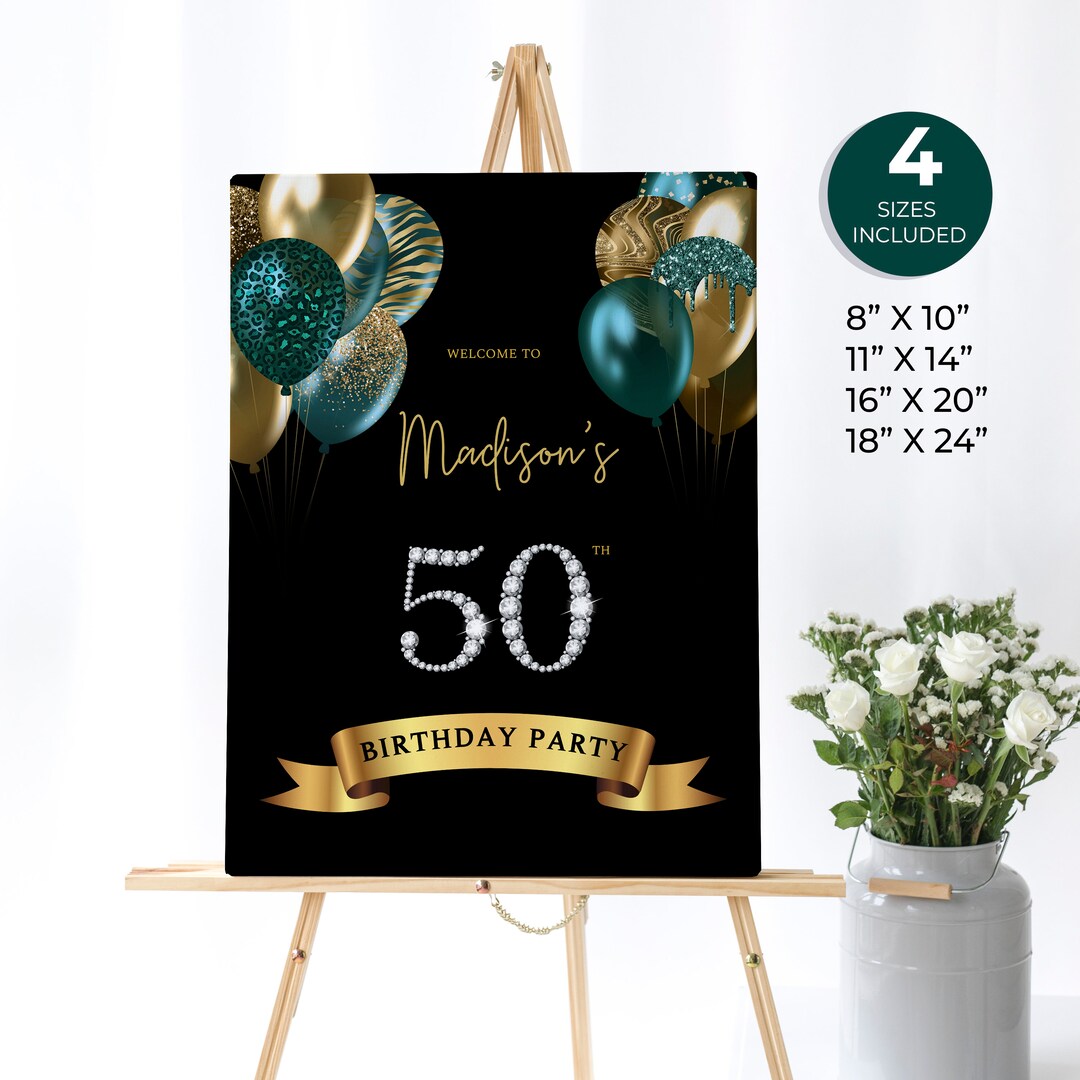 50th Teal and Gold Balloons Welcome Sign, Green and Gold 50th Birthday ...