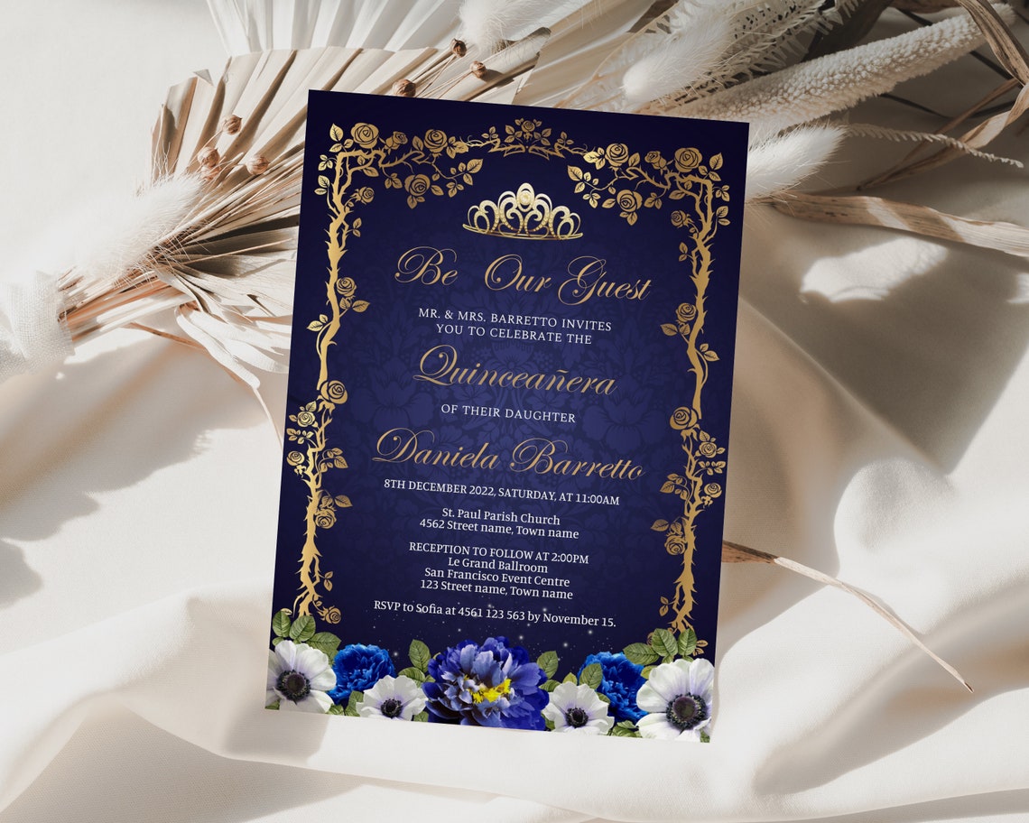 Navy Blue and Gold Quinceanera Invitation Set Floral Quince - Etsy