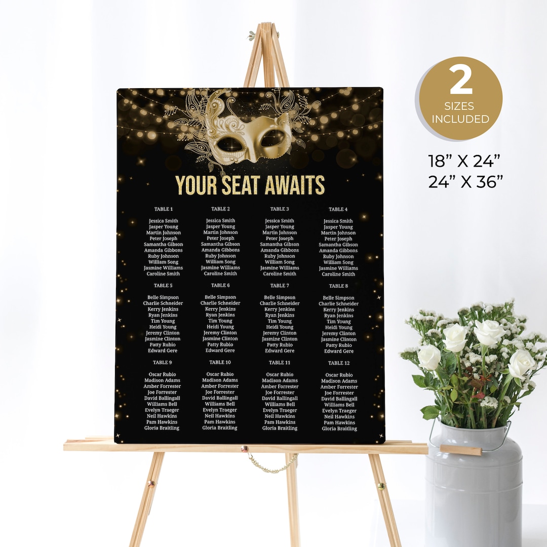 Masquerade Gold and Black Seating Sign, Mardi Gras Seating Chart, Your ...