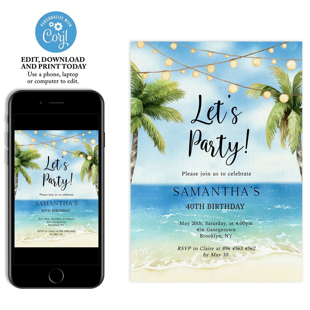 Tropical Birthday Invitation Template, Beach Birthday Invitation, Ocean ...