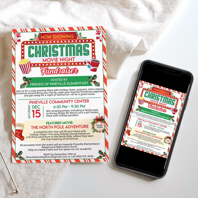 Editable Christmas Movie Night Flyer, Community Fundraiser Winter Event ...
