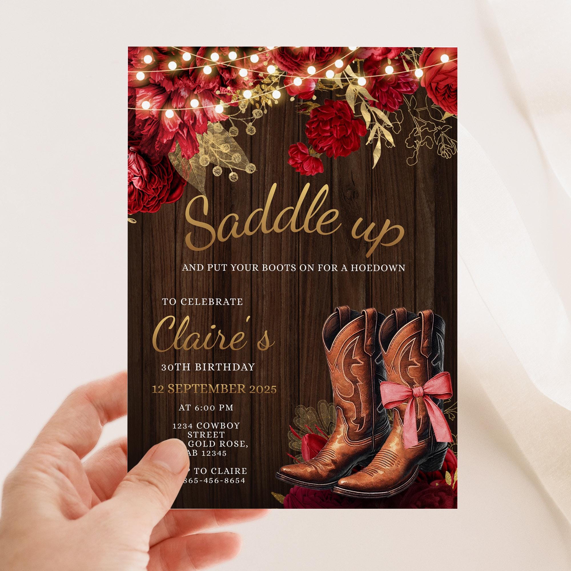 Red Cowgirl Boots Birthday Invitation, Editable Country Rustic Barn ...