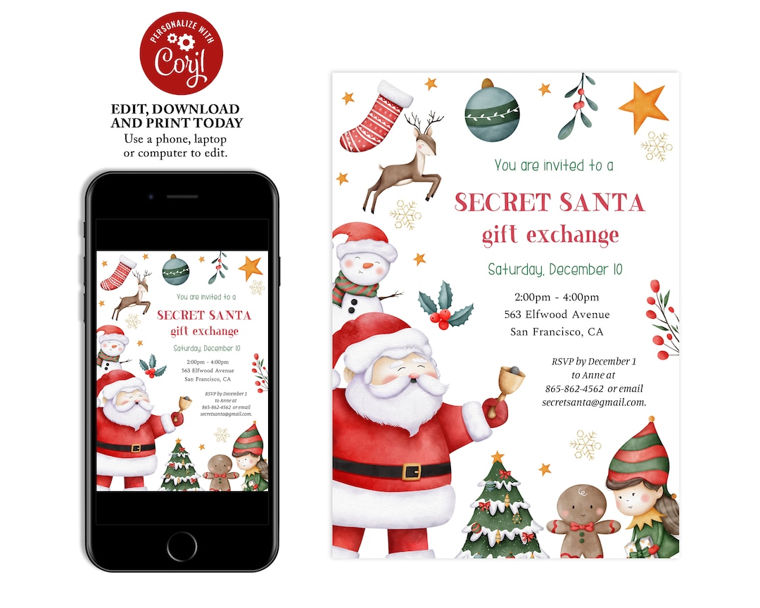 Secret Santa Gift Exchange Invitation, Christmas Party Invite, Holiday ...