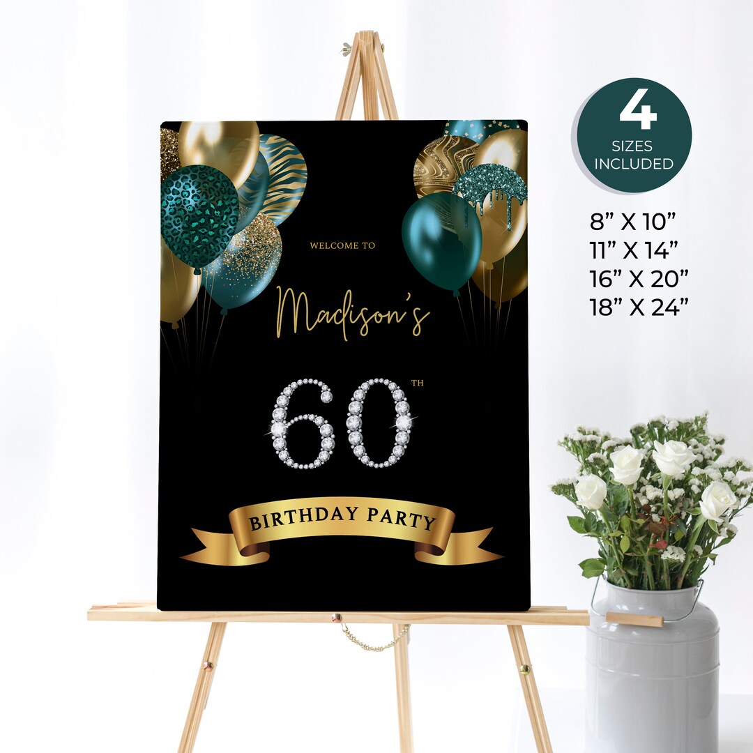 60th Teal and Gold Balloons Welcome Sign, Green and Gold 60th Birthday ...