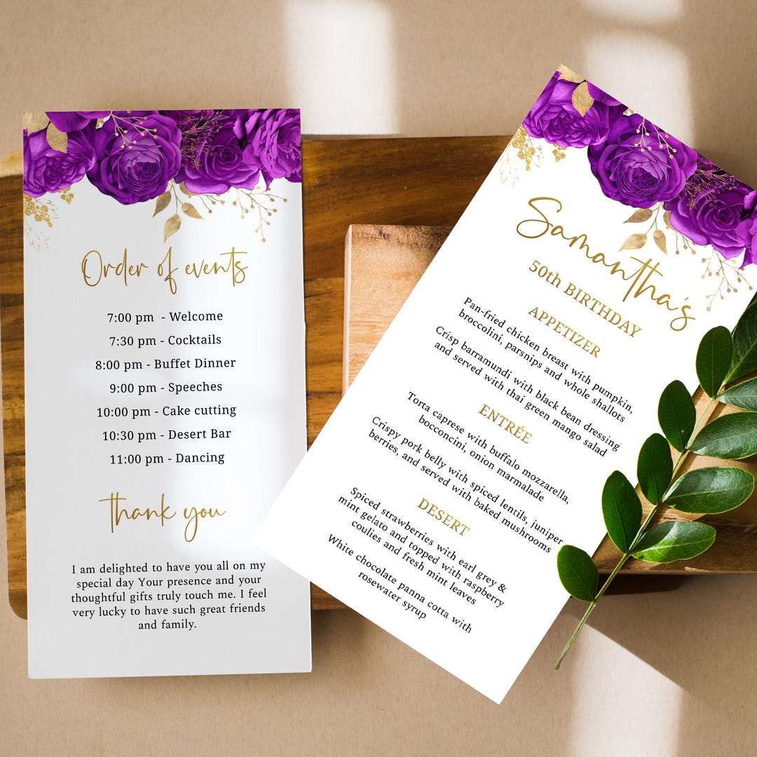 Purple and Gold Floral Birthday Program, Birthday Program Template ...