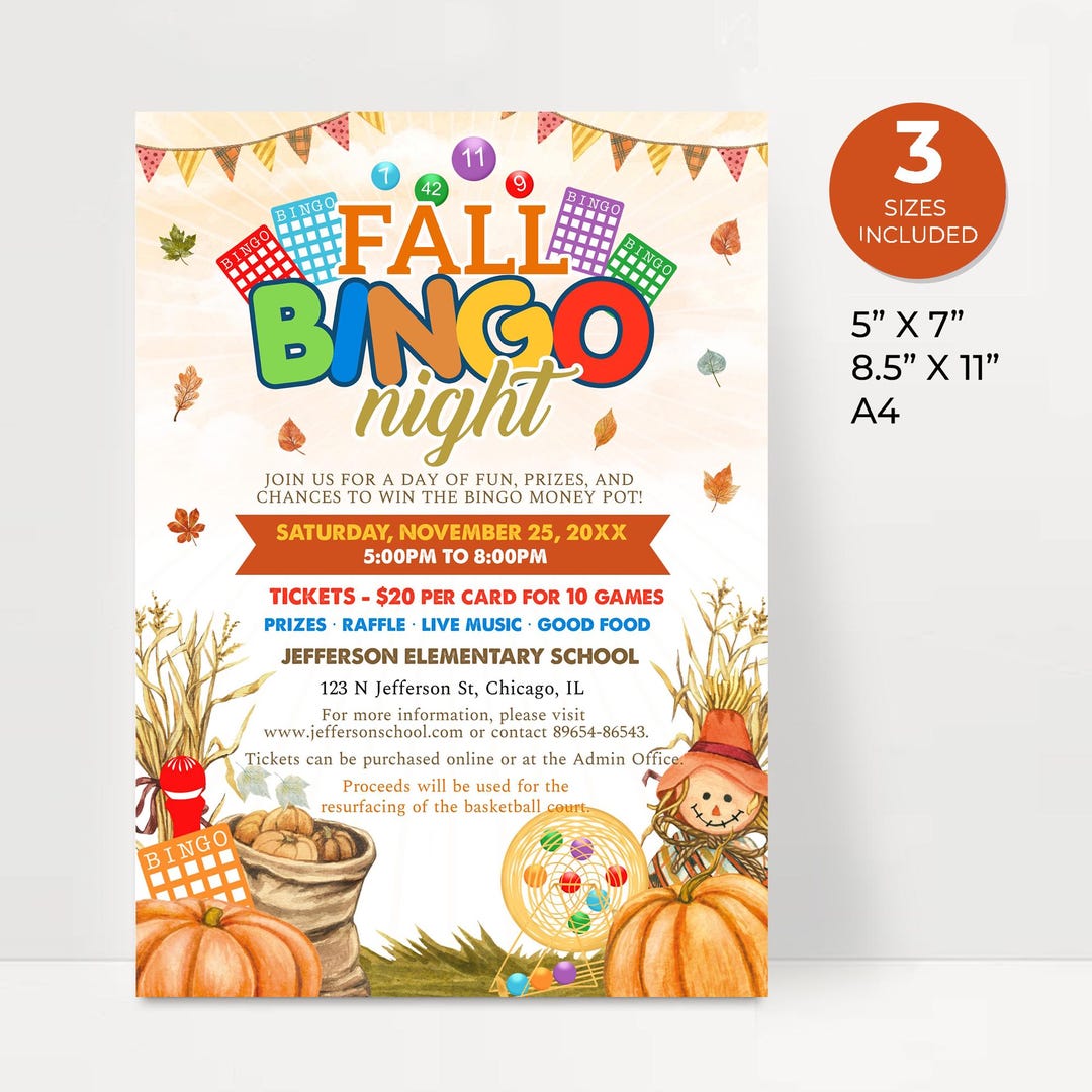 Fall Bingo Night Flyer, Printable Autumn Halloween Invitation ...