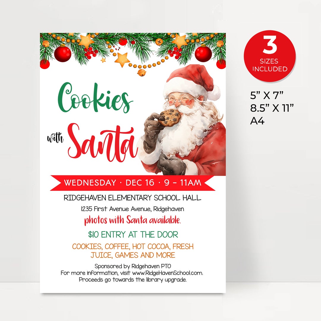 EDITABLE Cookies With Santa Flyer, Printable Santa Cookies Invitation ...