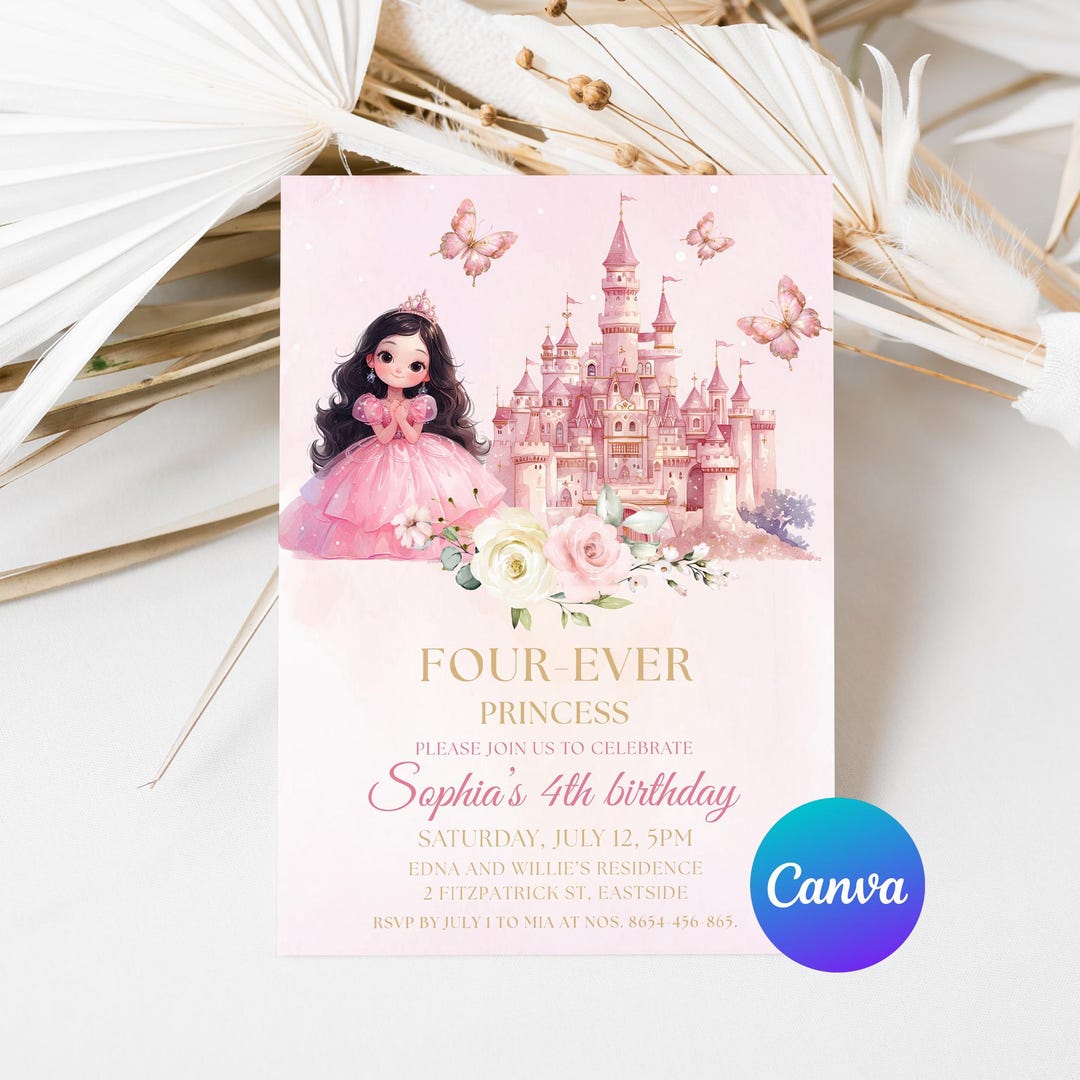 Editable 4th Princess Birthday Invitation, Pink Princess Invitation ...