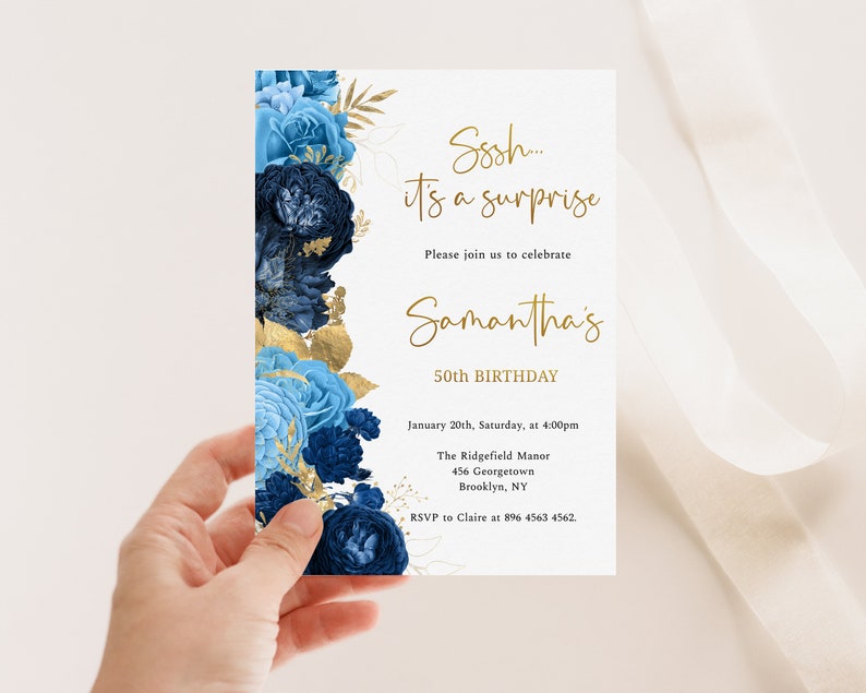 Blue and Gold Floral Birthday Invitation, Birthday Invitations for ...