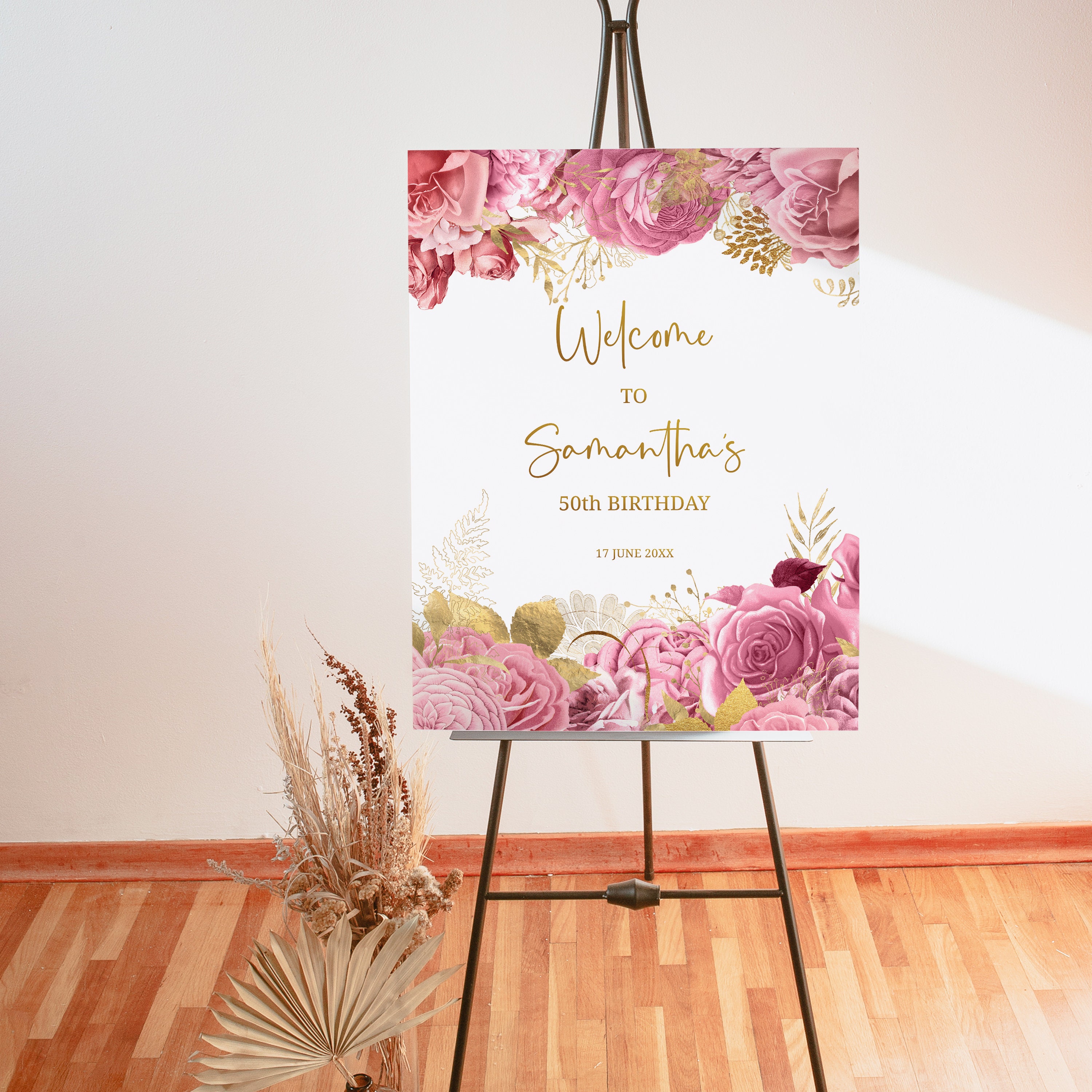 Pink and Gold Floral Welcome Sign, Birthday Welcome Poster, Surprise ...