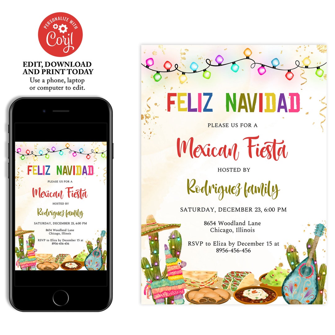 Mexican Christmas Invite, Mexican Holiday Fiesta Invitation, Feliz ...