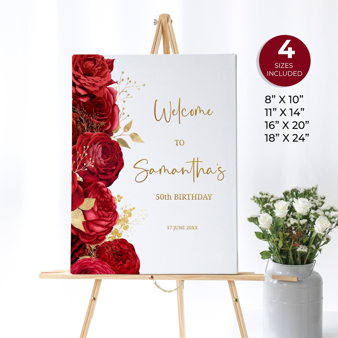 Red and Gold Floral Welcome Sign, Birthday Welcome Poster, Surprise ...