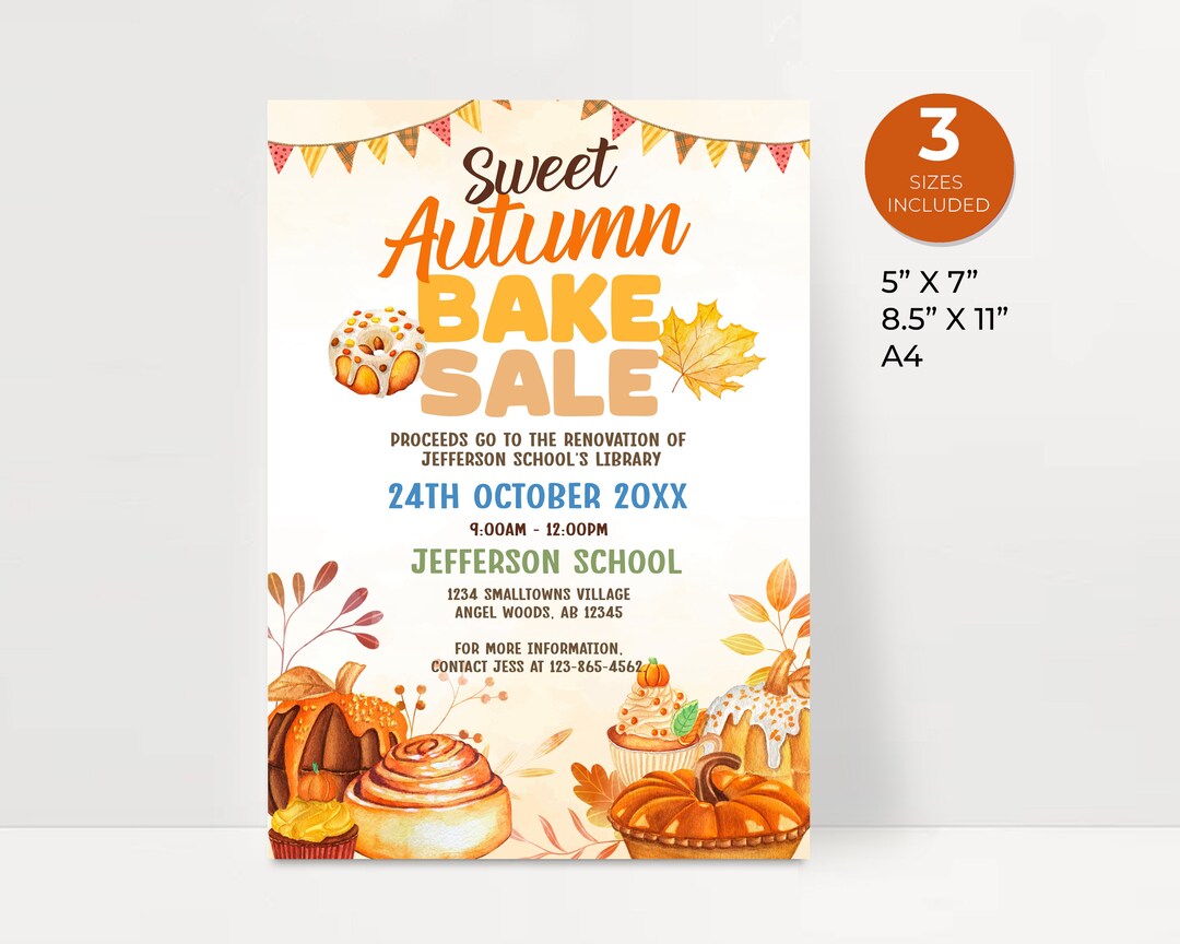 Autumn Bake Sale Flyer, Pie Cupcakes Fall Fundraiser, Bake Sale ...