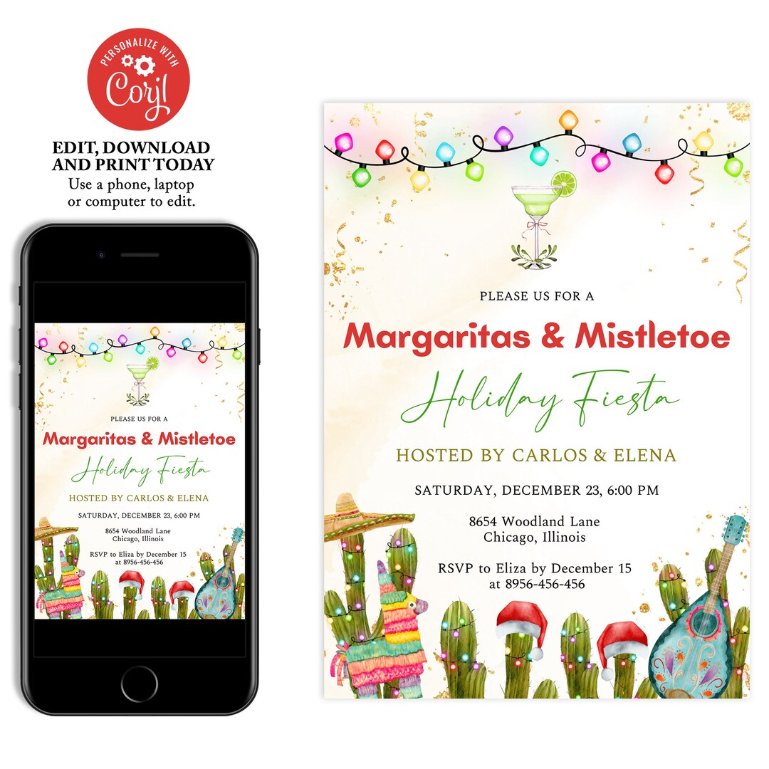 Margaritas and Mistletoe Invitation, Mexican Christmas Invite, Mexican ...
