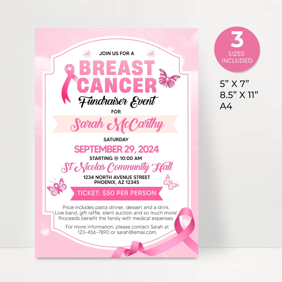 Editable Breast Cancer Fundraiser Flyer, DIY Pink Cancer Benefit Flyer Template, Pink Flyer ...