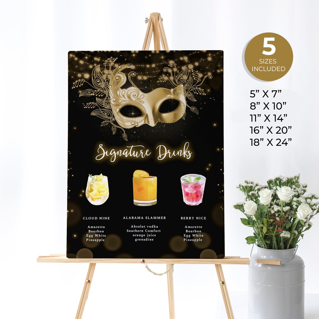 Gold and Black Masquerade Bar Menu Sign, Mardi Gras Signature Drinks ...
