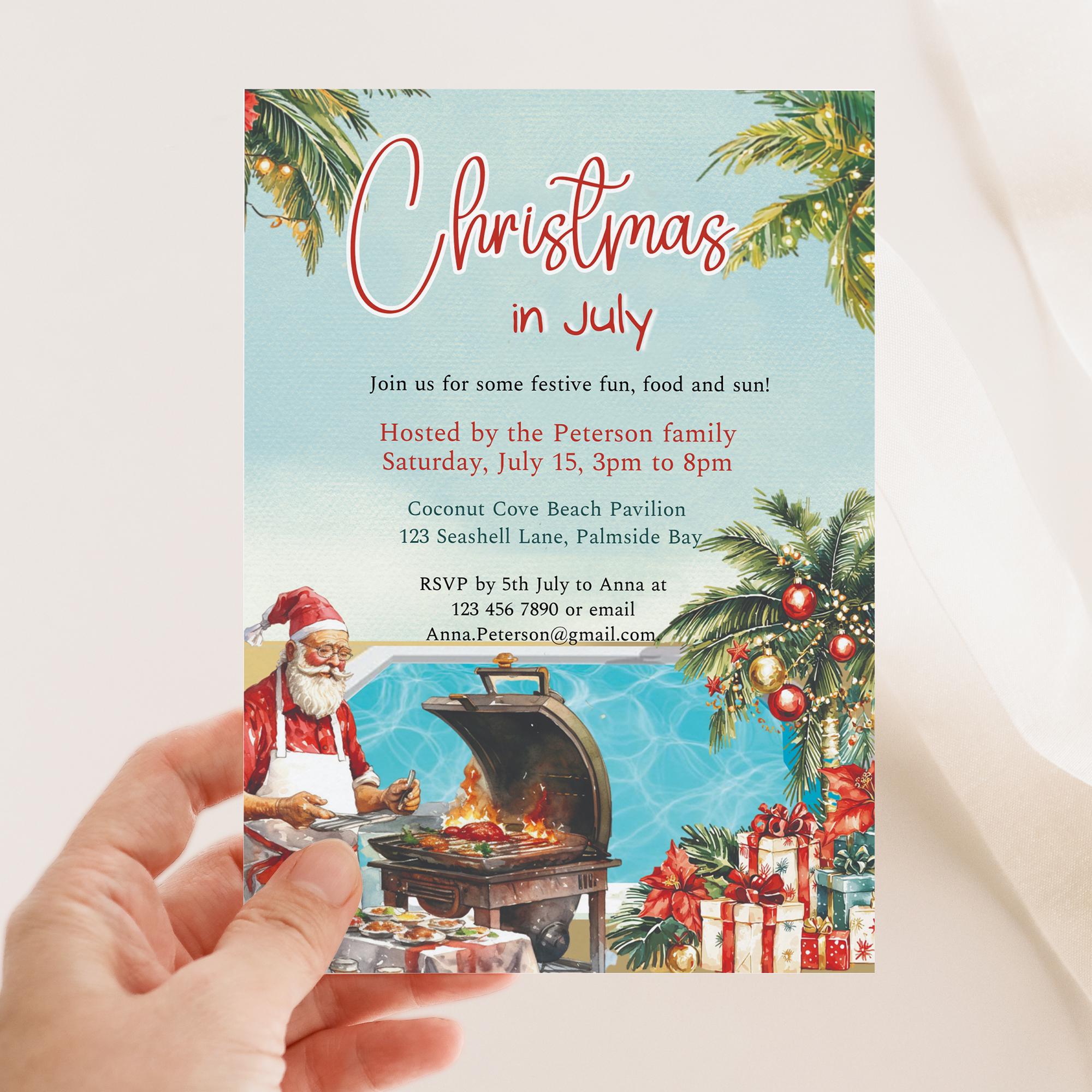 Printable Christmas in July Invitation, Editable Santa BBQ Pool Party ...