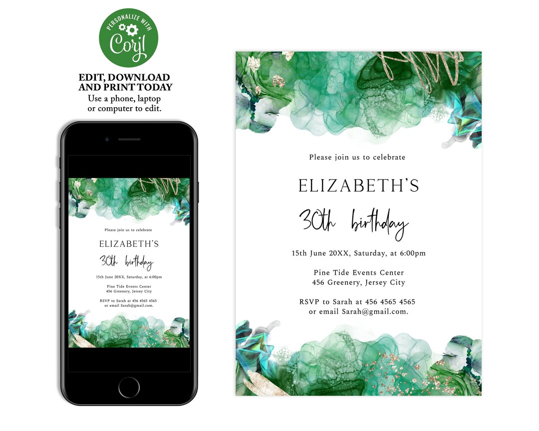 Emerald Green and Gold Birthday Invitation, Birthday Invitations for ...
