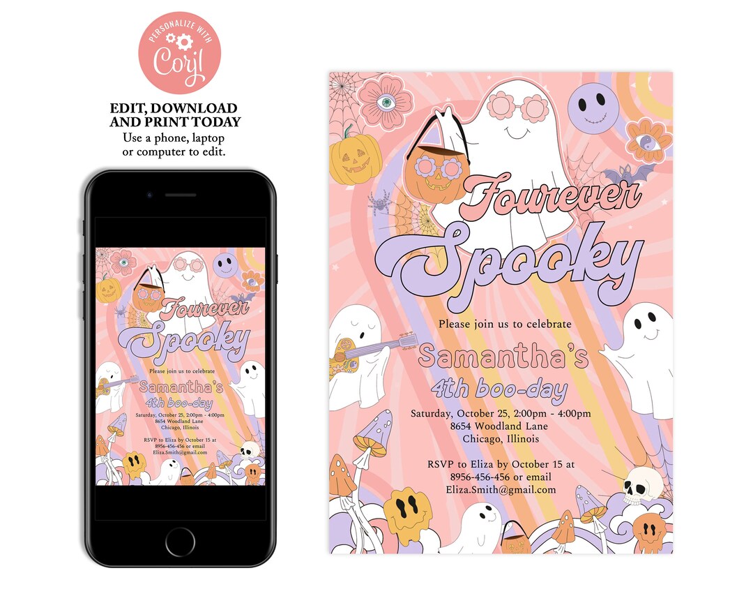 Fourever Spooky Halloween Invite, Ghost 4th Birthday Invitation Girl ...