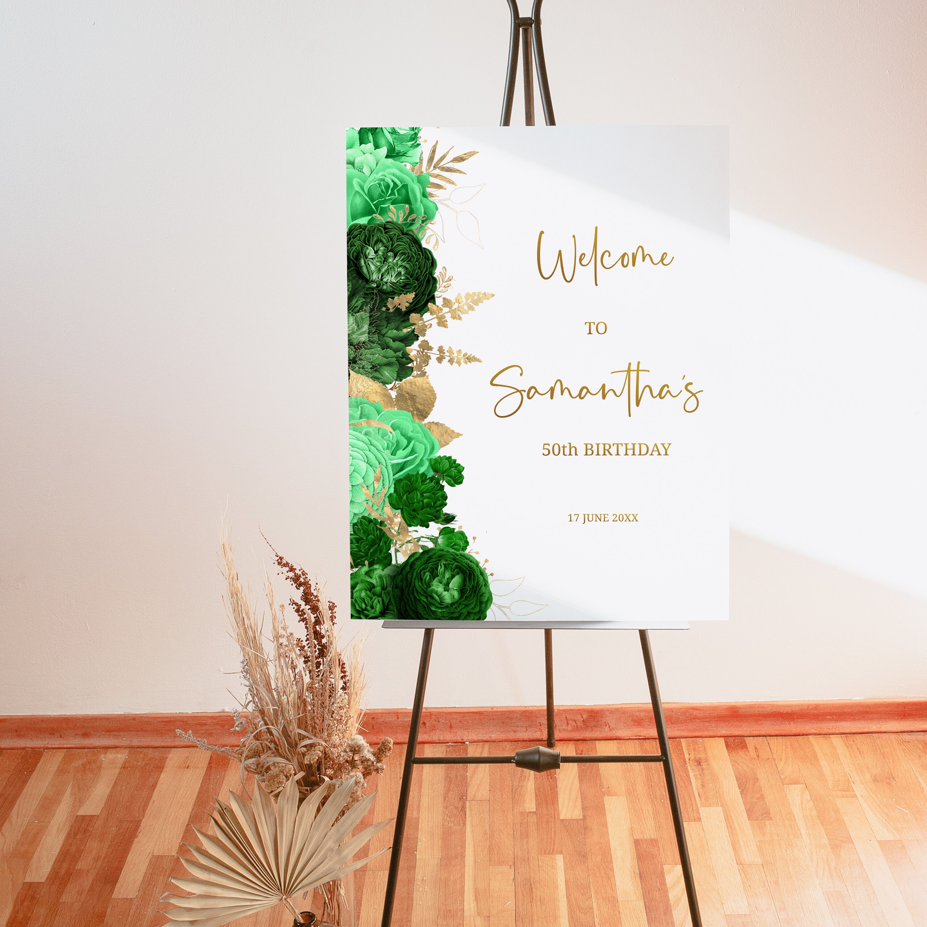 Green and Gold Floral Welcome Sign Birthday Welcome Poster - Etsy