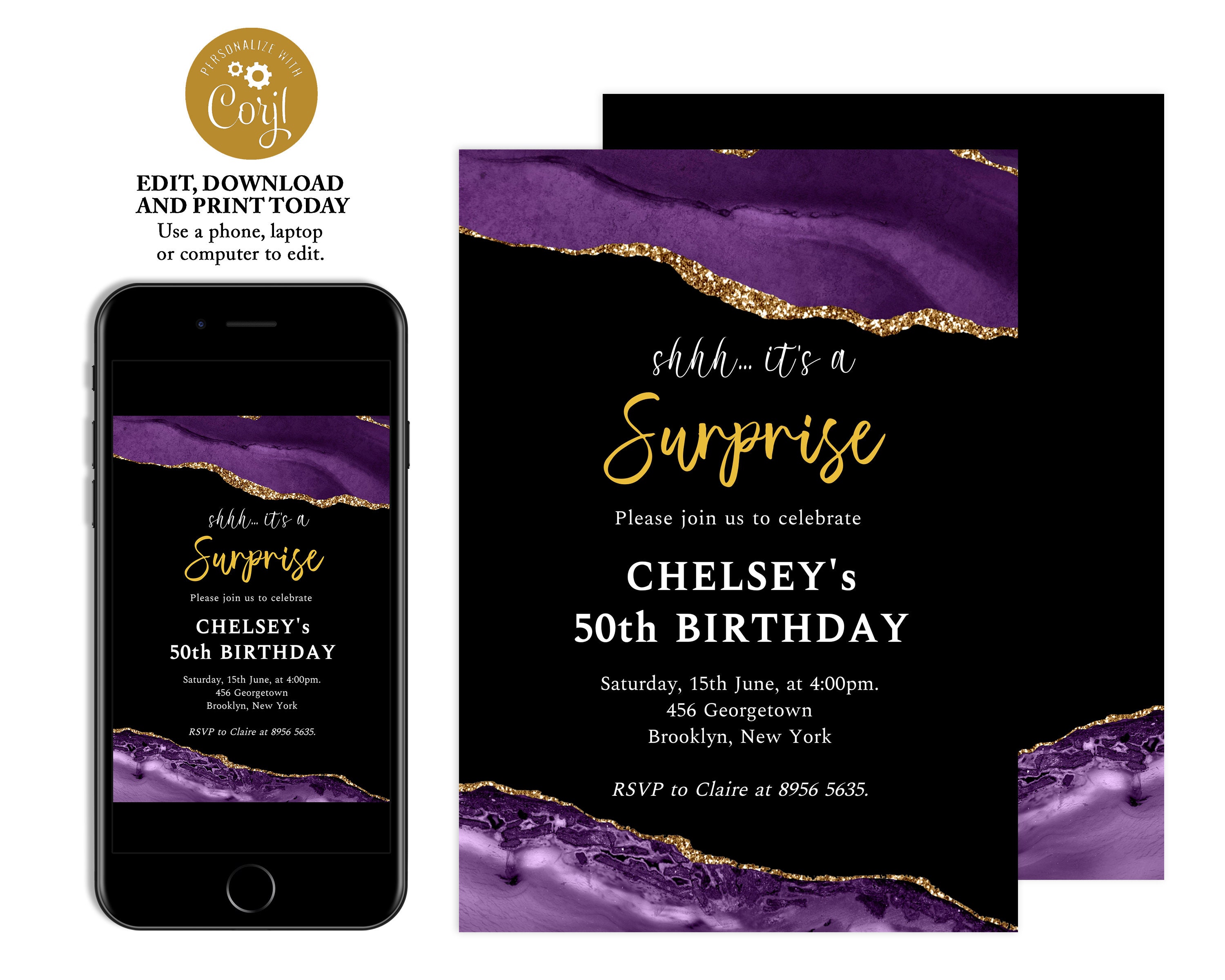 Purple and Gold Birthday Invitation Surprise Birthday - Etsy
