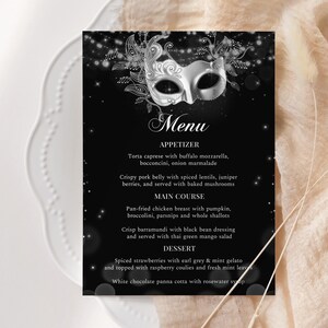 Black and Silver Masquerade Menu Template, Masquerade Prom Menu, Mardi ...