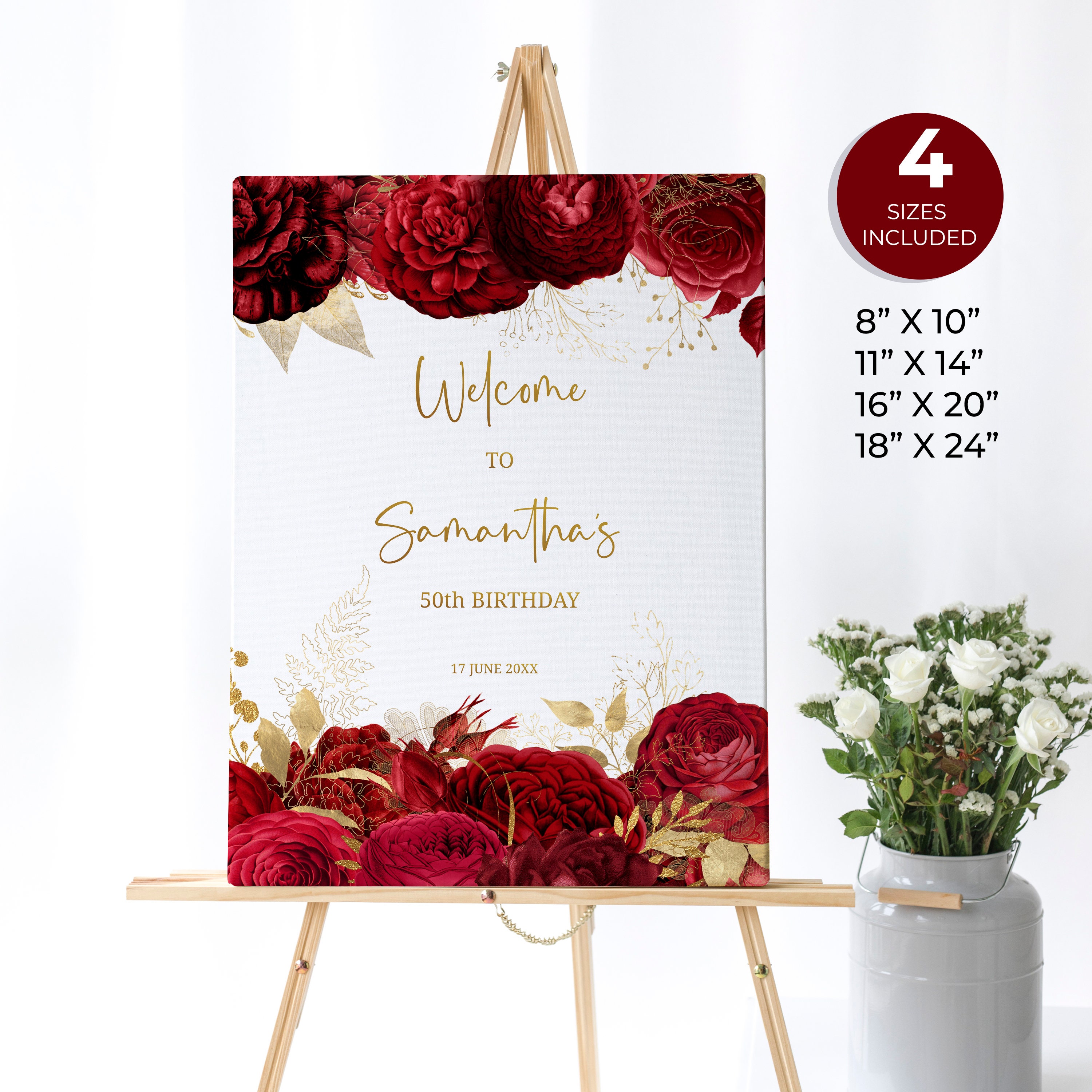 Red and Gold Floral Welcome Sign Birthday Welcome Poster - Etsy