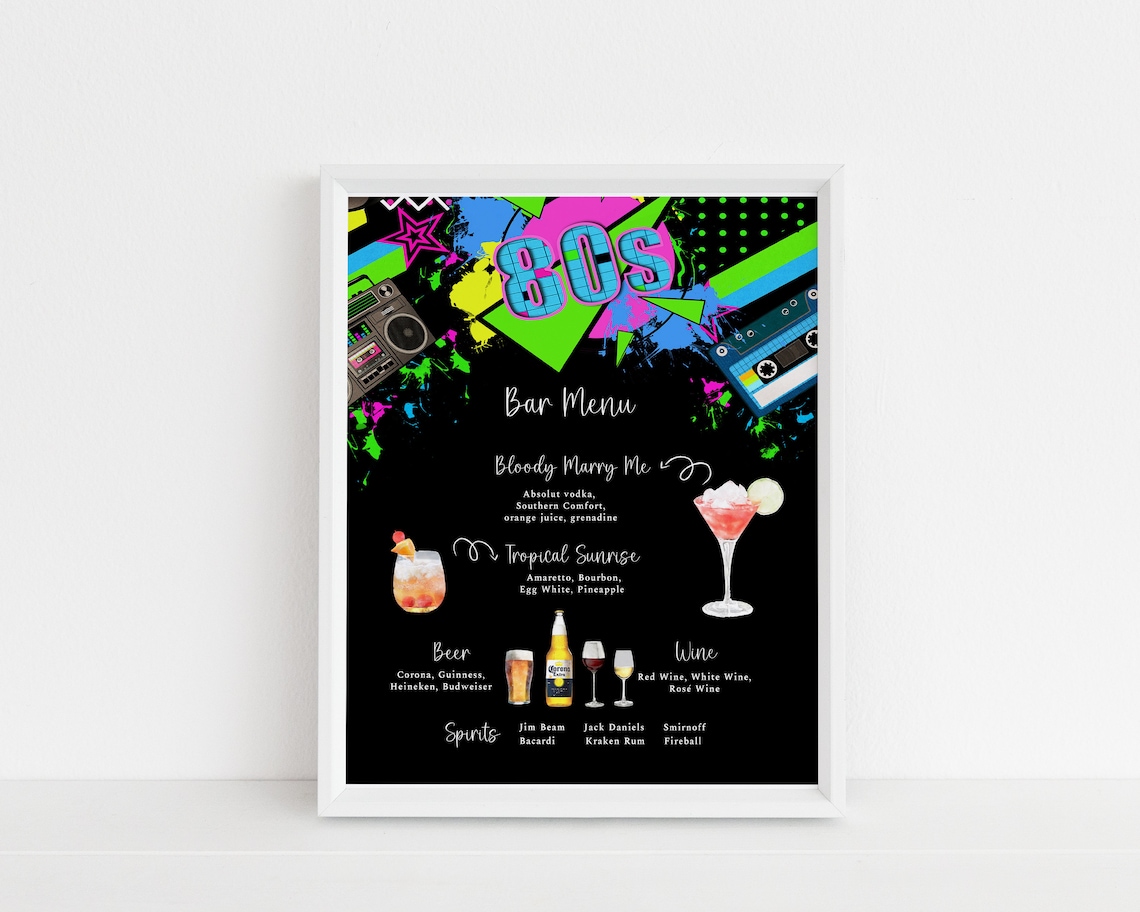 80s Bar Menu Sign, Signature Drinks Sign, Chalkboard Design Menu Bar ...