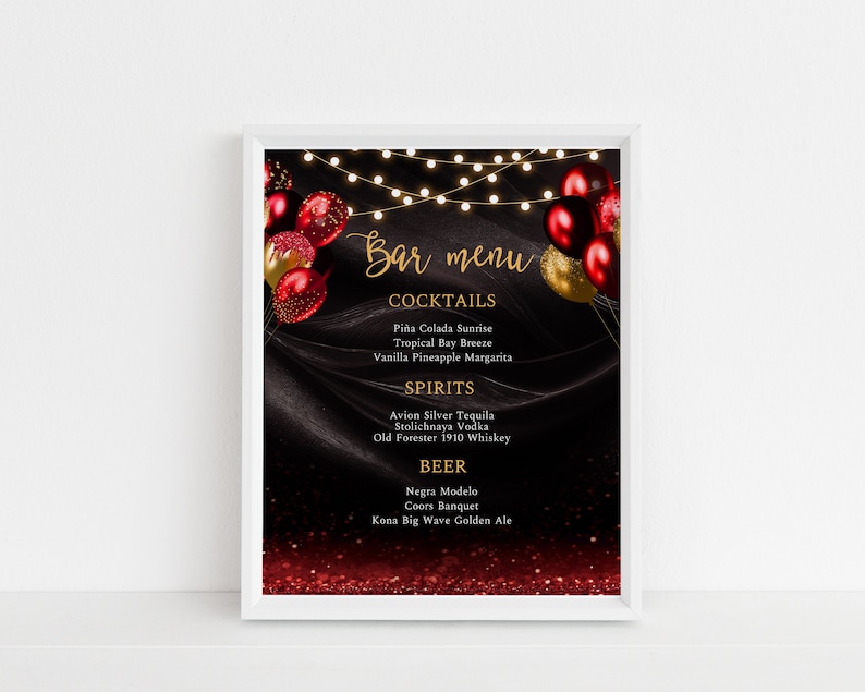 Red and Gold Balloons Bar Menu Sign, Signature Drinks Sign, Red and ...
