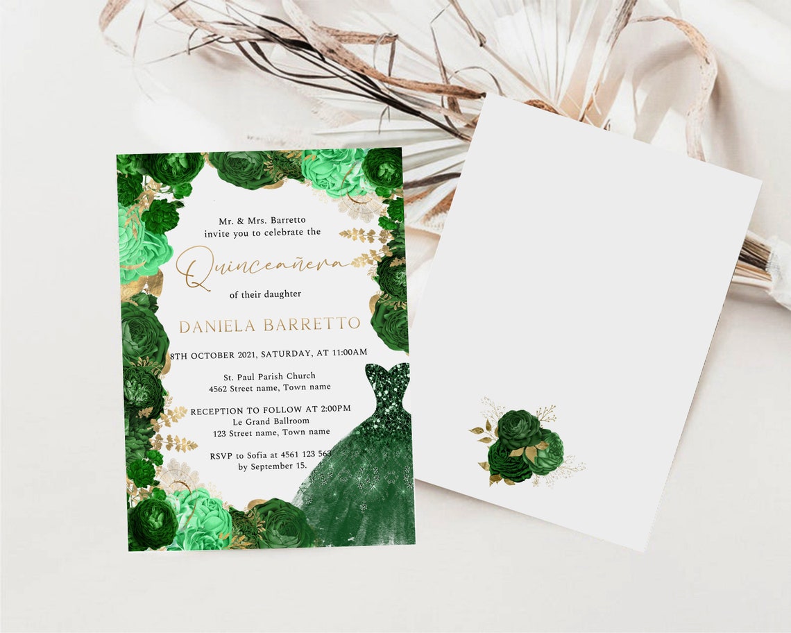 Emerald Green and Gold Quinceanera Invitation, Quince Anos, 15th ...