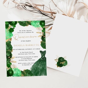 Emerald Green and Gold Quinceanera Invitation, Quince Anos, 15th ...