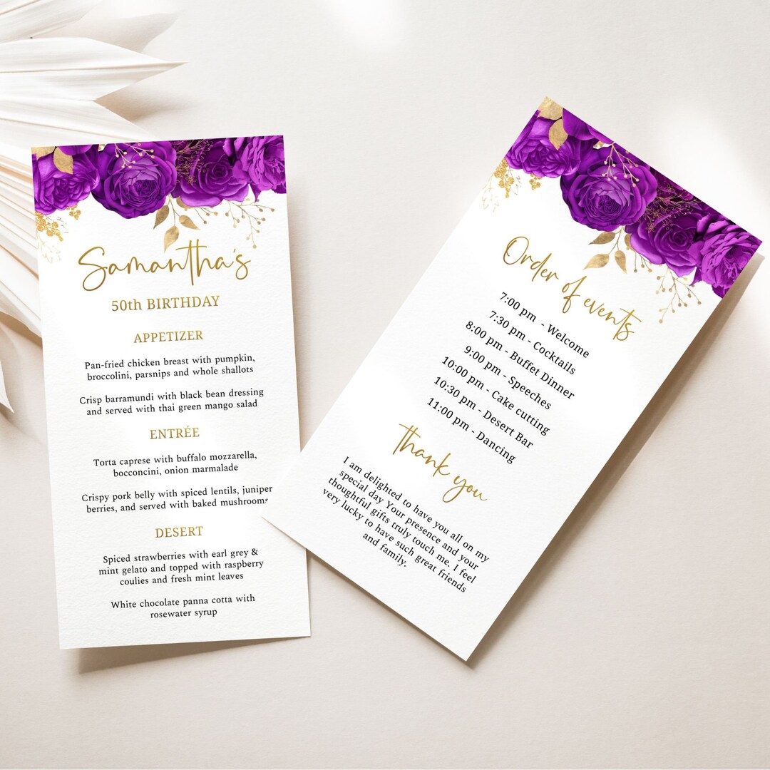 Purple and Gold Floral Birthday Program, Birthday Program Template ...