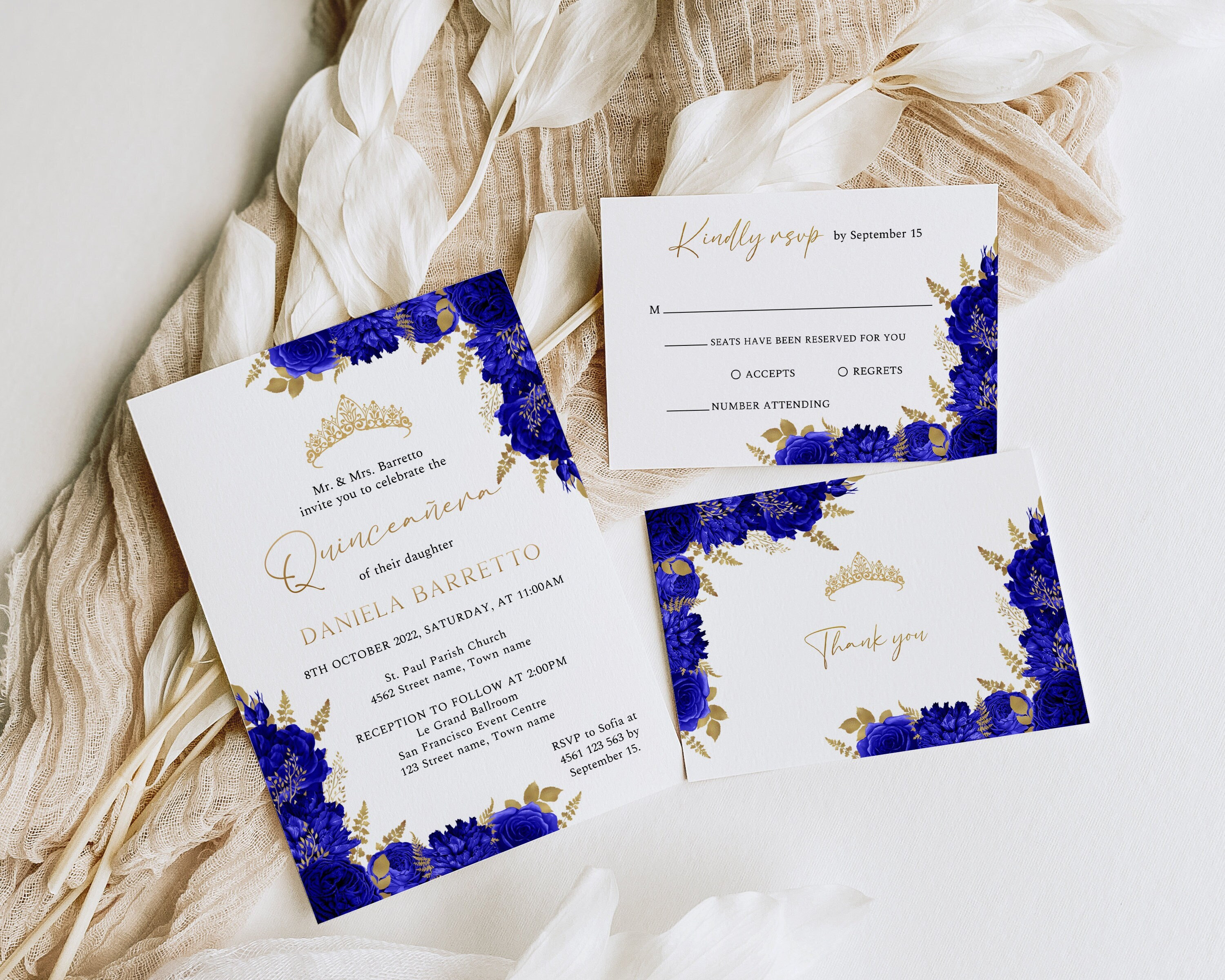Royal Blue and Gold Quinceanera Invitation Floral Quince - Etsy