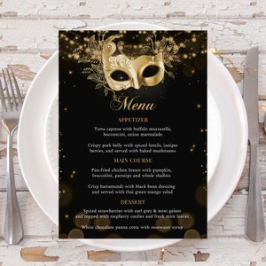 Black and Gold Masquerade Menu Template, Masquerade Prom Menu, Mardi ...