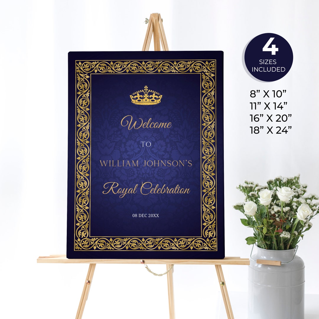 Royal Birthday Party Welcome Sign, King, Queen, Navy Blue and Silver ...