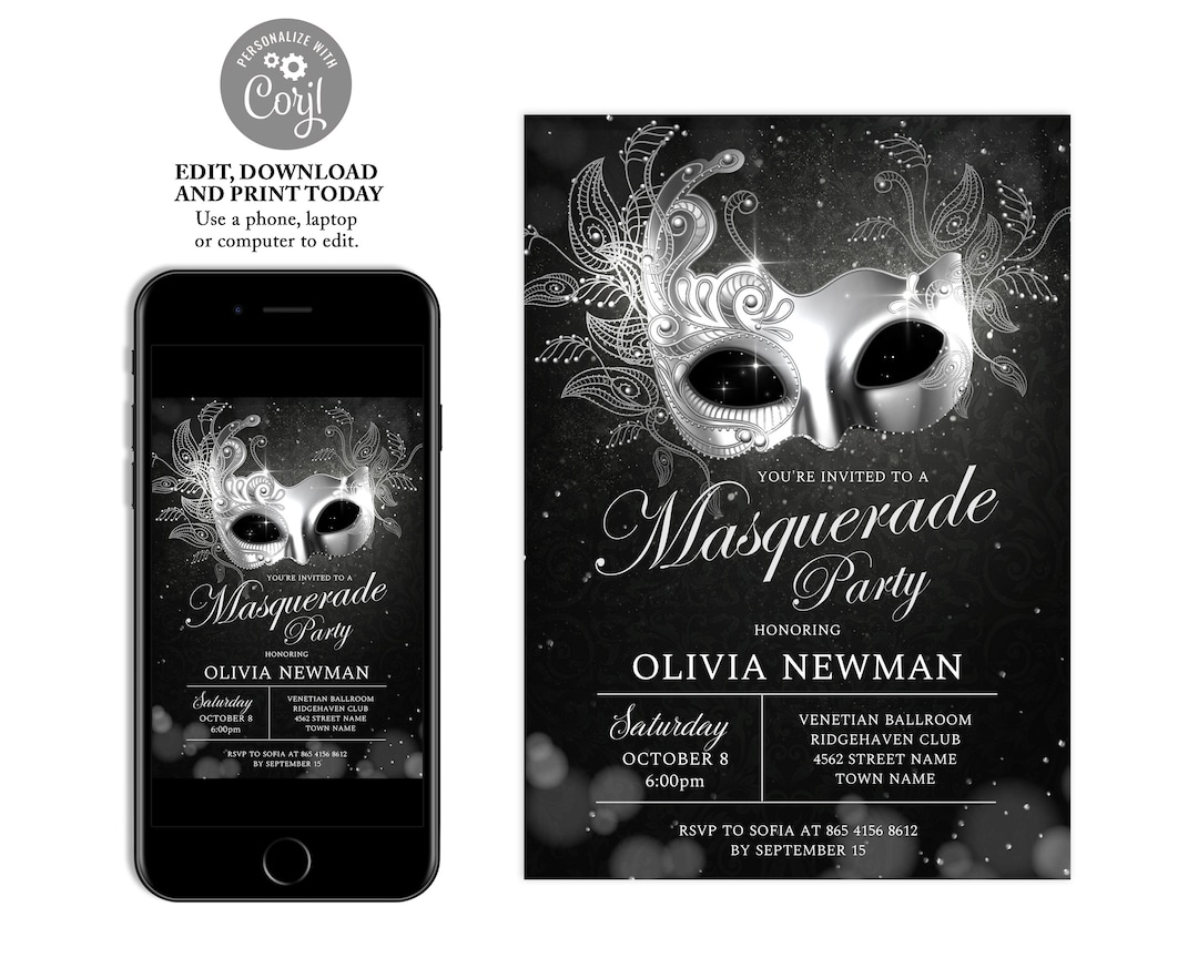 Black and Silver Masquerade Birthday Party Invitation, Masquerade Prom ...