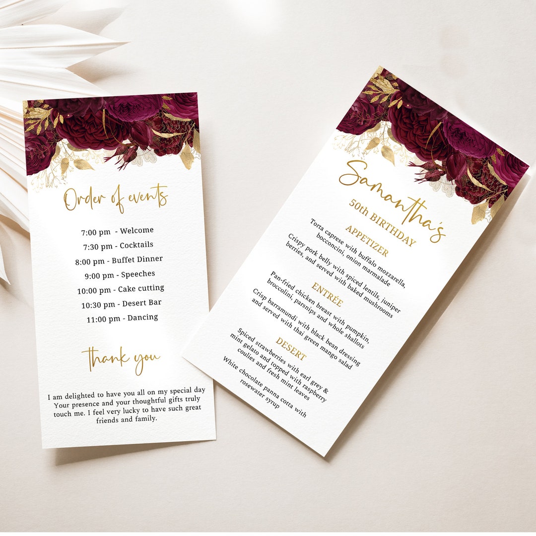 Burgundy and Gold Floral Birthday Program, Floral Birthday Program ...