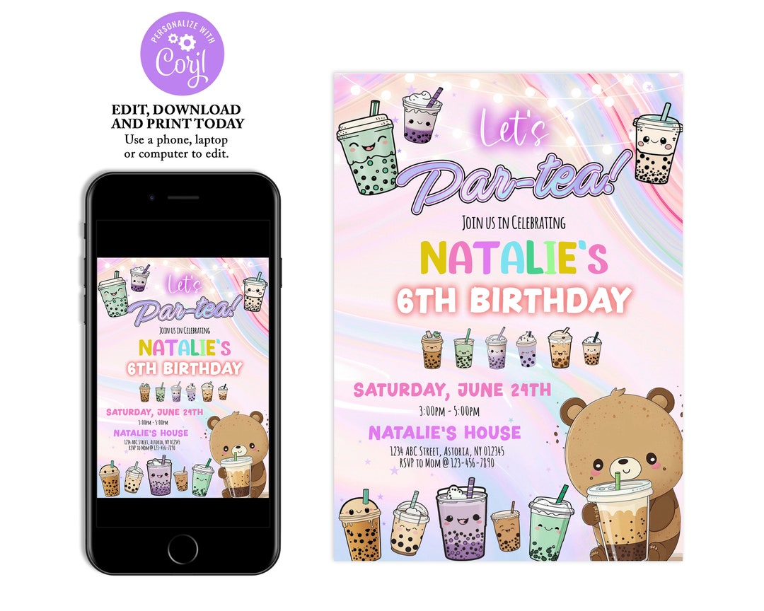 Let's Par-tea Birthday Invitation, Bubble Tea Invite, Boba Tea Birthday ...