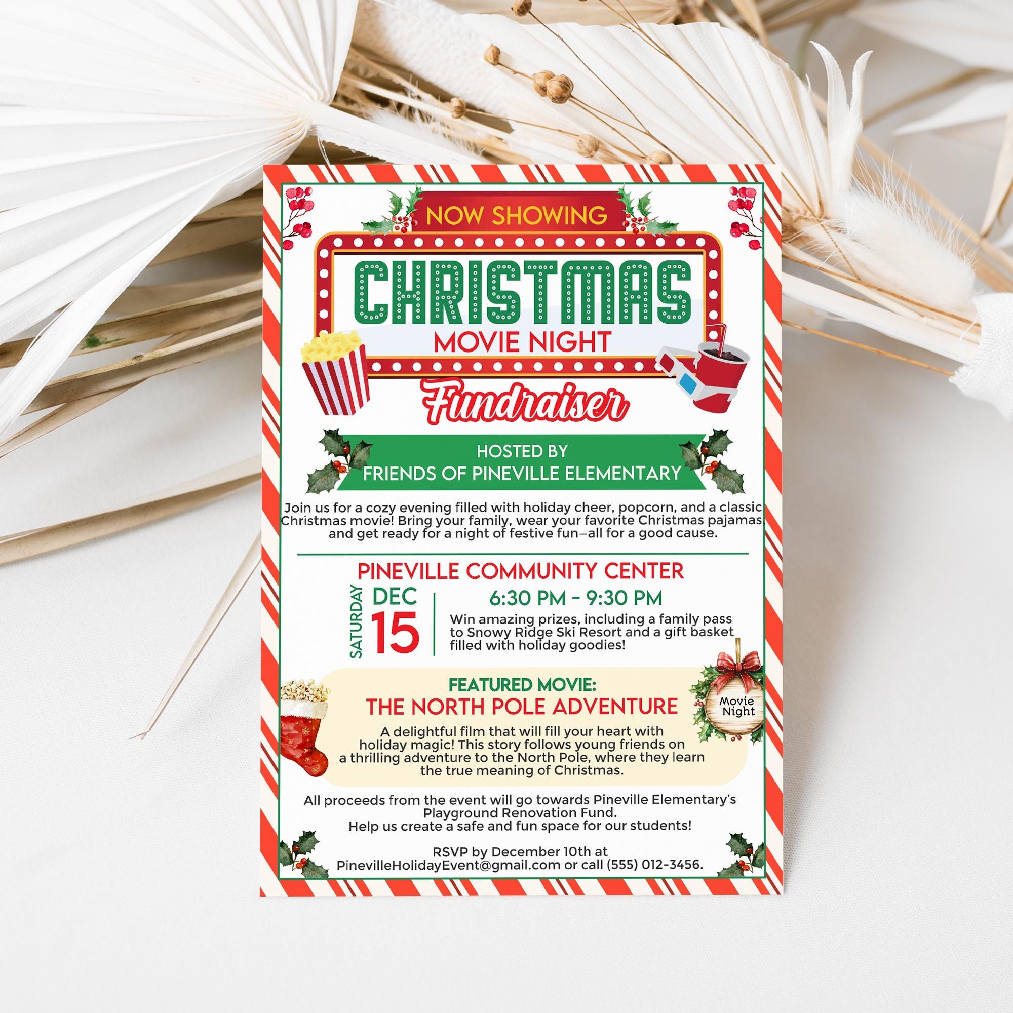 Editable Christmas Movie Night Flyer, Community Fundraiser Winter Event ...